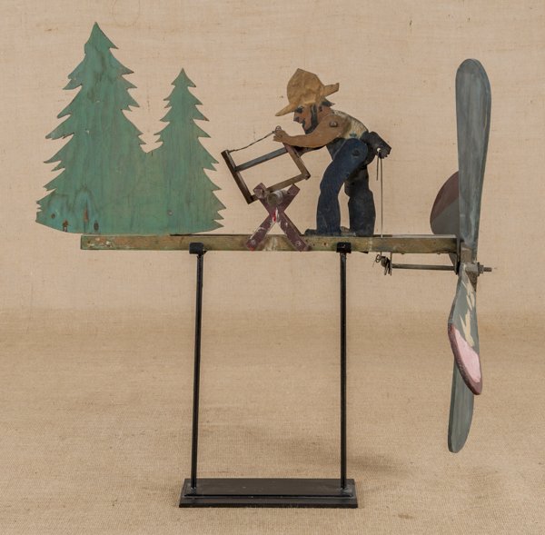 Painted Wood Whirligig Of A Man Sawing Wood, 23''