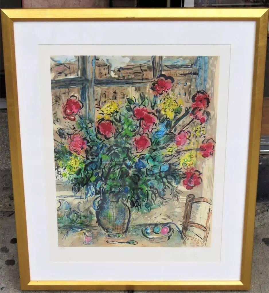Marc Chagall Paris Lithograph Numbered Bouquet Defant Le Fenetre Auction