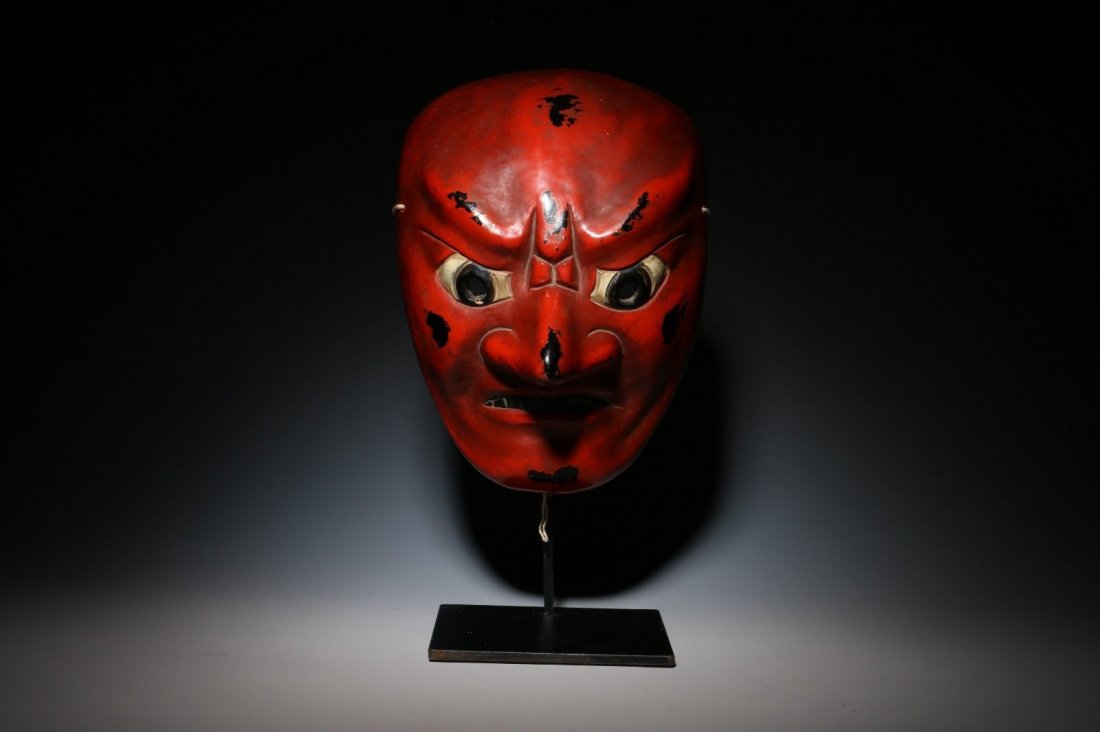 ANTIQUE JAPANESE TENGU WOOD AND RED LACQUER NOH MASK