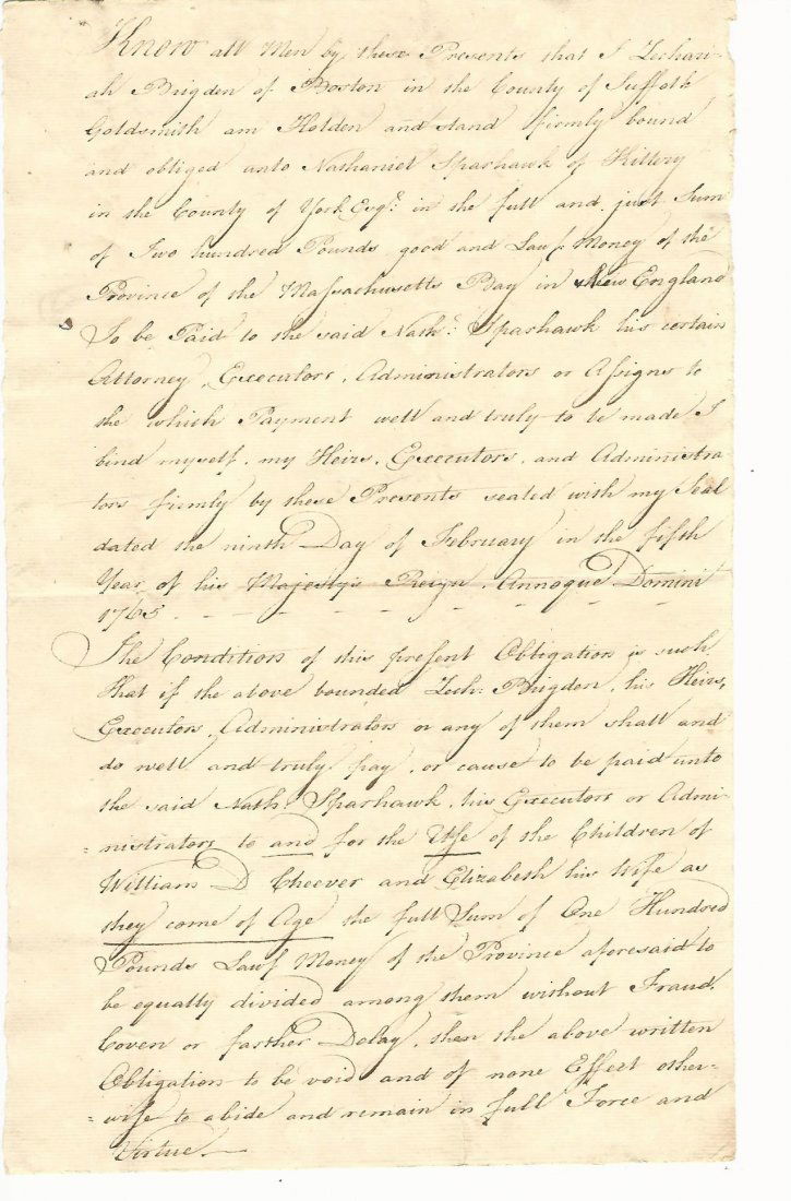 1765 Colonial Obligation Bond of Goldsmith A True Copy