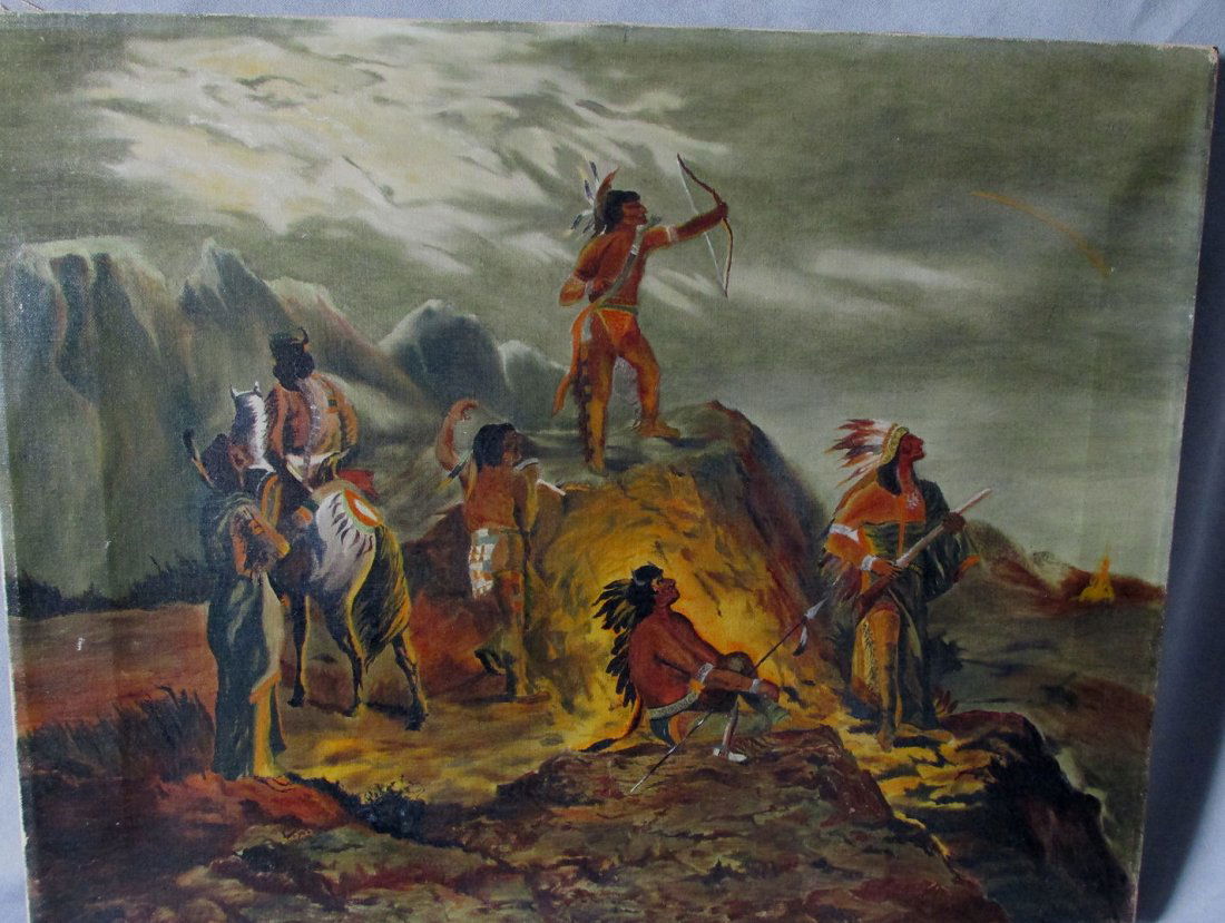 Antique Folk Art Oil Painting, Native American Indians