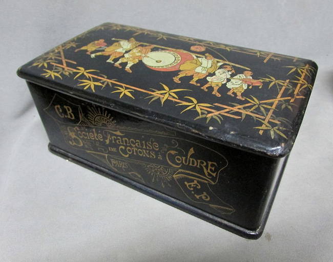 Antique French Paper Mache Advertising Sewing Box