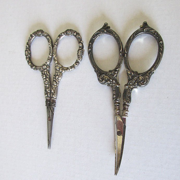 2 Pair Antique Sterling Silver Sewing, Vanity Scissors