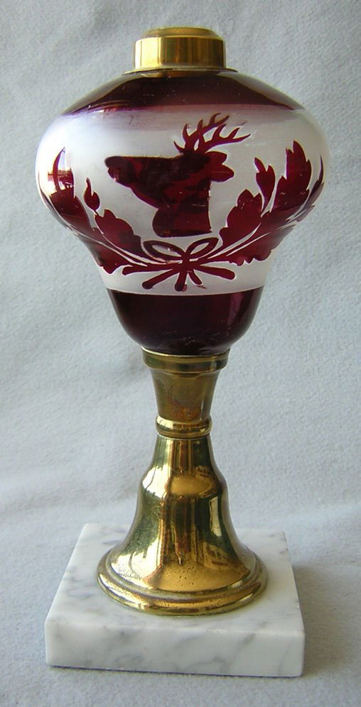 Antique Ruby Flash Oil Lamp with Deer