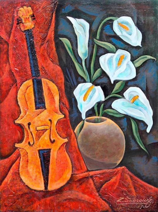 Zinovy Violin Calla Lily Original Oil on canvas