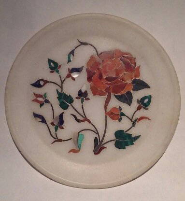 Pietra Dura Grand Tour White Marble Inlaid Plate With