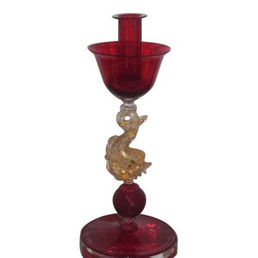 Antique Red Venetian Glass Candlestick W Dolphin Stem