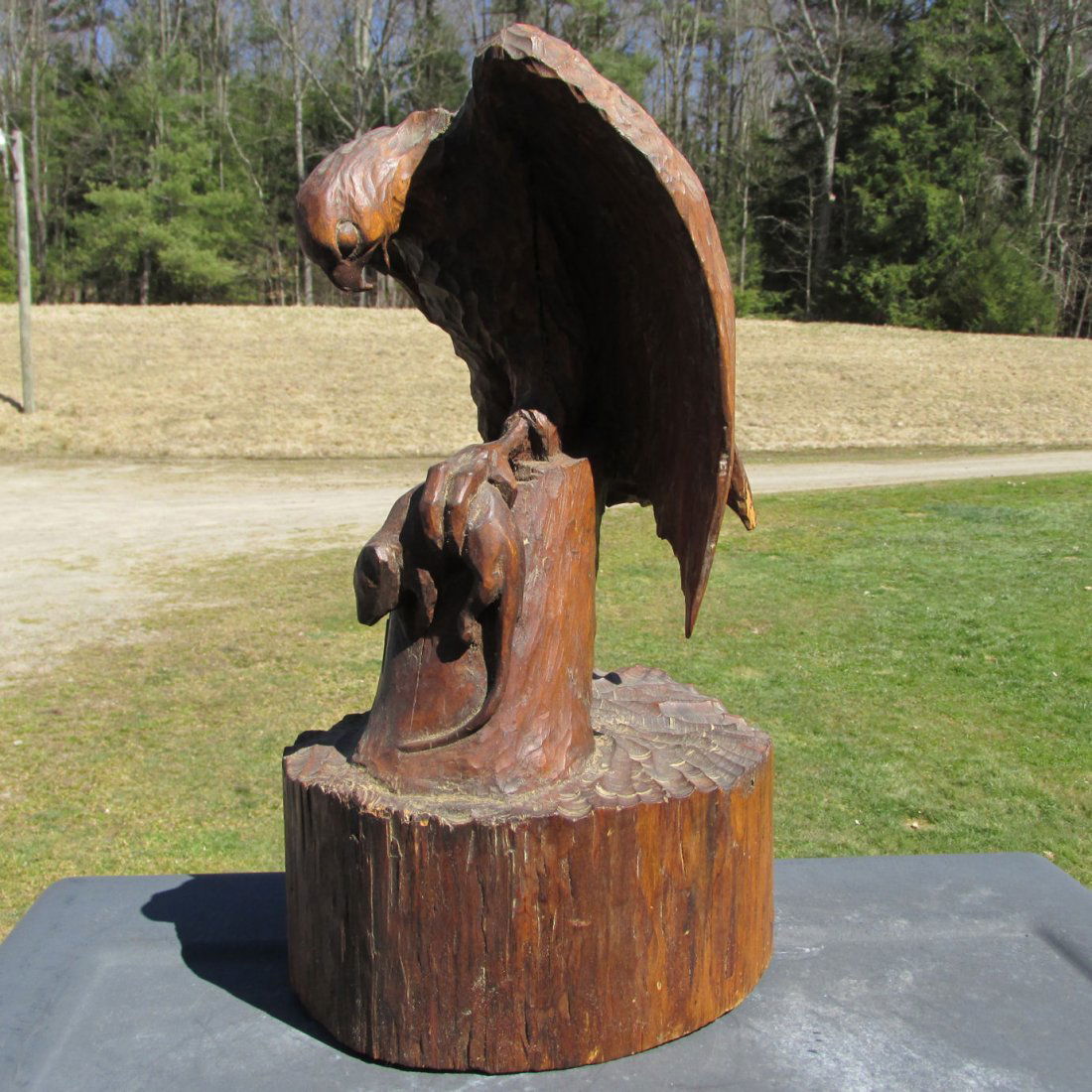 Hand carved Wood Sculpture of a Hawk with Mouse