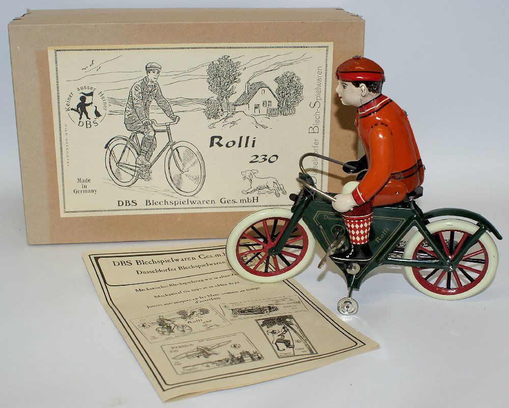 Vintage Tin Wind-up Rolli 230 Bicycle with Rider