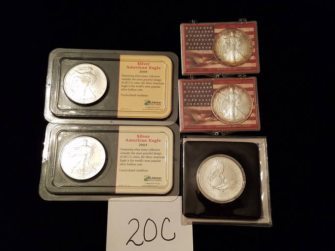 Five Uncirculated American Eagle 1oz .999 Silver Coins