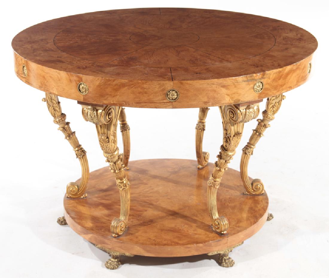 DECORATED BURL WOOD CENTER TABLE POLYCHROMED LEGS