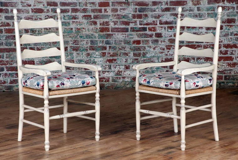 Pair Painted Ladder Back Chairs Rush Seats