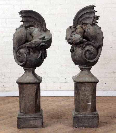 Pair Winged Gargoyles Resting On Sphere