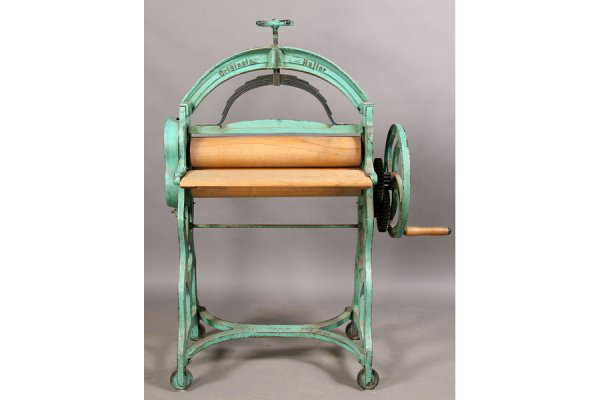 268: VINTAGE CAST IRON INDUSTRIAL MANGLE WOOD ROLLERS