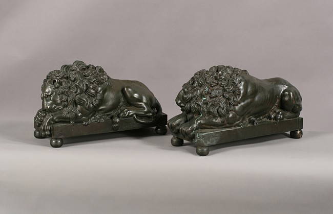 Pr Antique Diminutive Bronze Reclining Lions