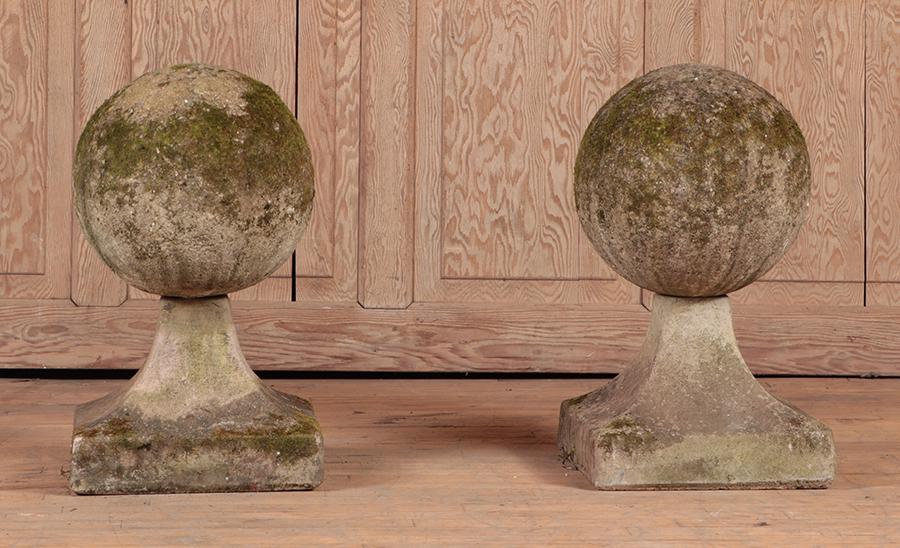 Pair Cast Stone Pier Caps In The Form Of Spheres On Bases.