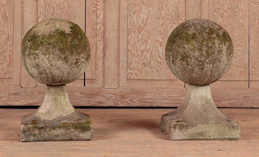 Pair Cast Stone Pier Caps In The Form Of Spheres On Bases.