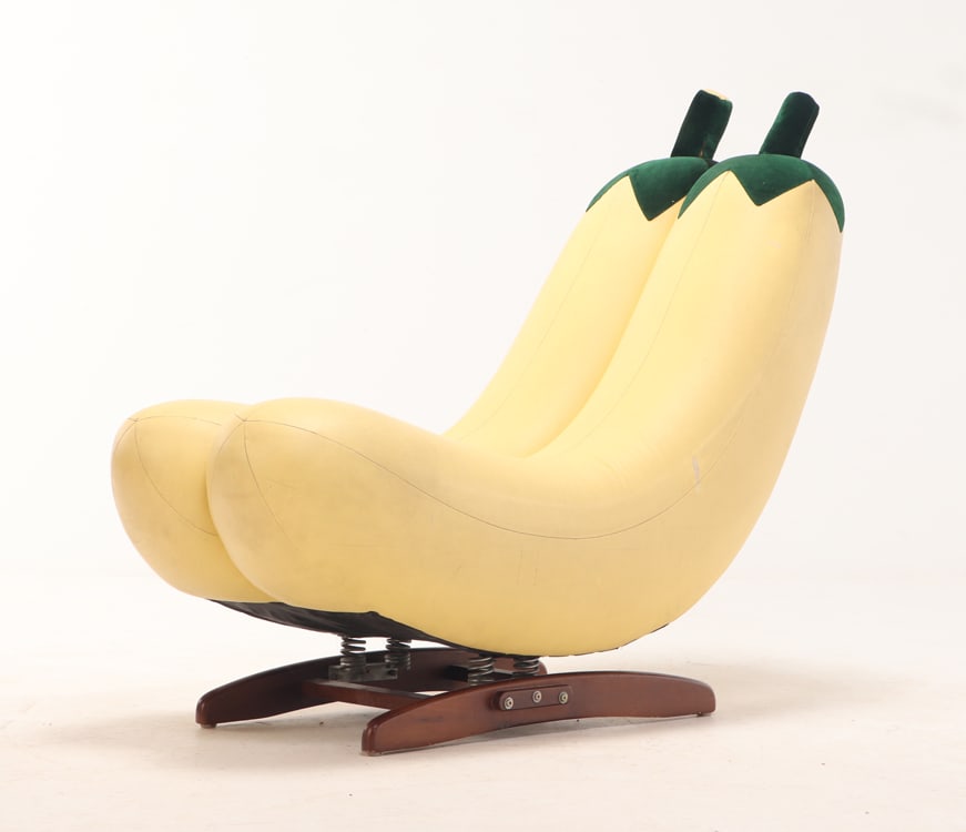 Leather Double Banana Spring Loaded Rocking Chair. Labeled Kaka. Auction