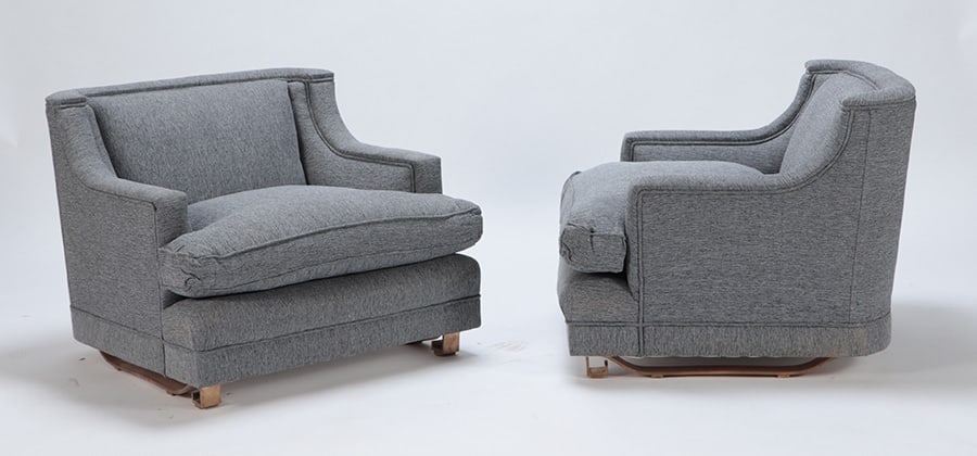 Pair Upholstered Club Chairs Resting On Shaped Bronze Base Auction