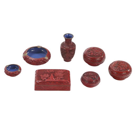 Seven Pieces Of Chinese Cinnabar Lacquerware, Including Four Boxes, Two ...