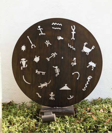Circular Hieroglyph Iron Sculpture On Stand