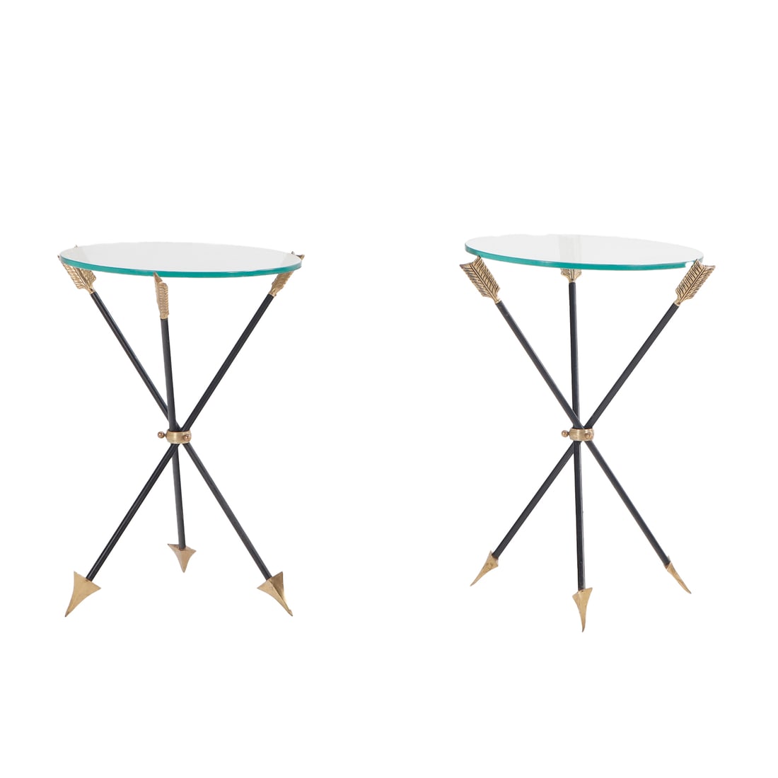 Pair Iron And Brass Glass Top Tables With Arrow Design. Auction