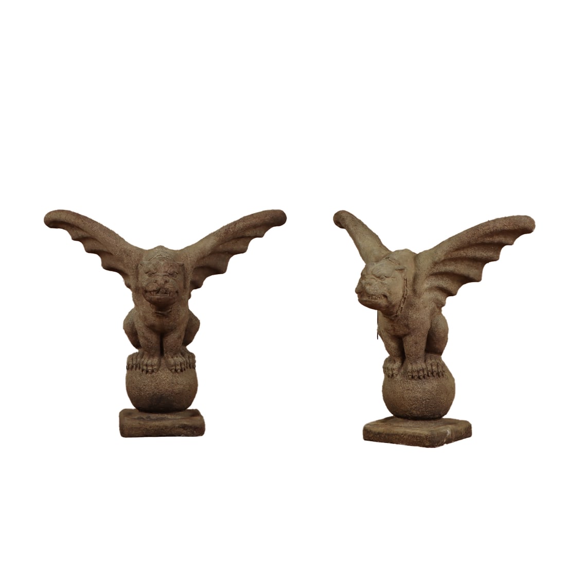 Pair Of Cast Stone Winged Gargoyles On Spheres. Auction