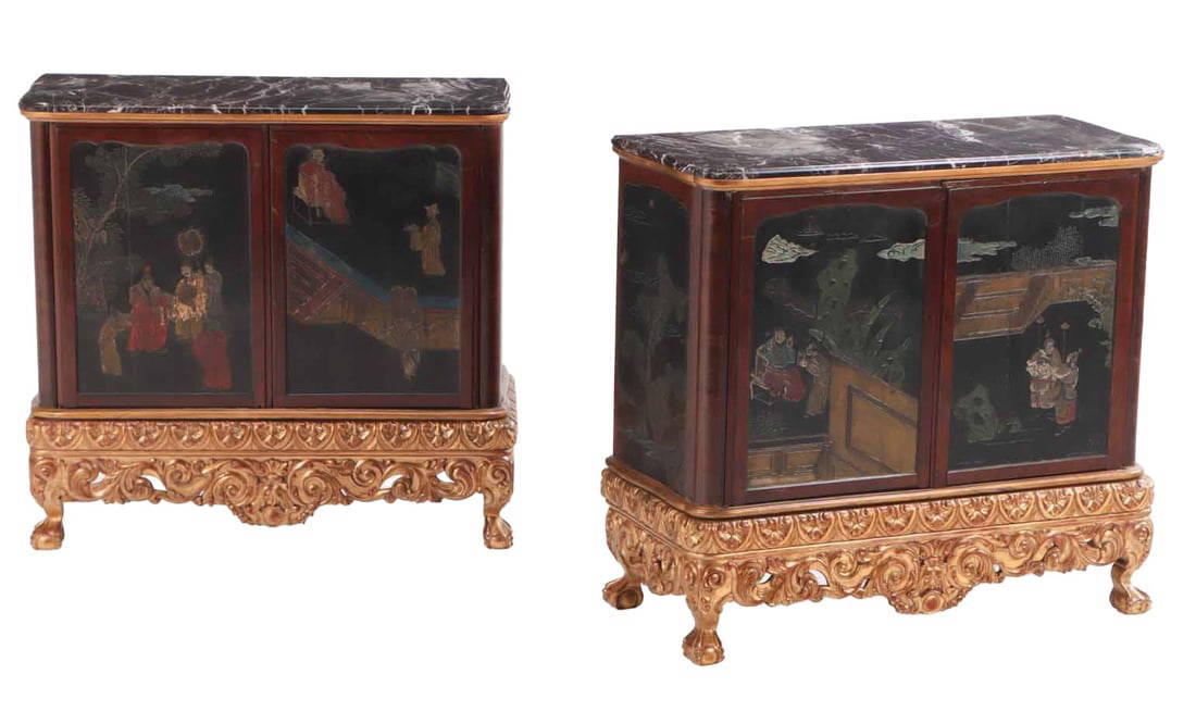 Pair Of Two Door Marble Top Cabinets Having Chinoiserie Decorated Door ...