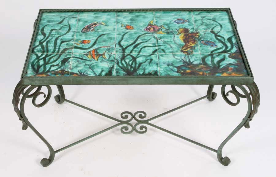 FRENCH PICARD TILE TOP COFFEE TABLE WROUGHT IRON