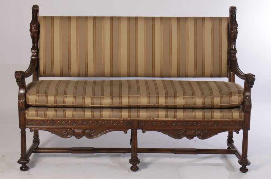 CARVED WALNUT WINGED GRIFFIN BENCH OPEN ARMS 1900