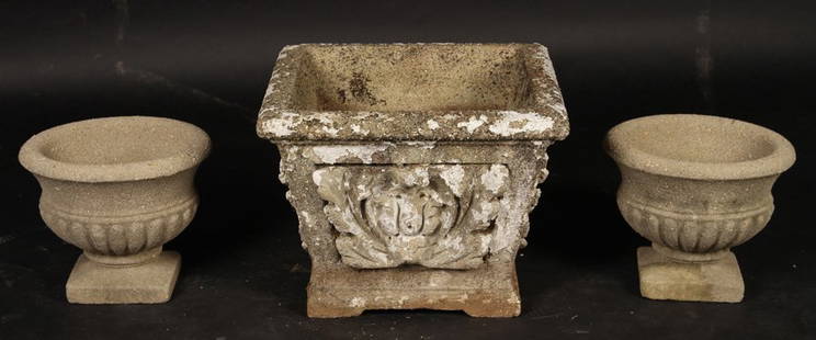 Pair Labeled Bowl Form Cast Stone Garden Planters