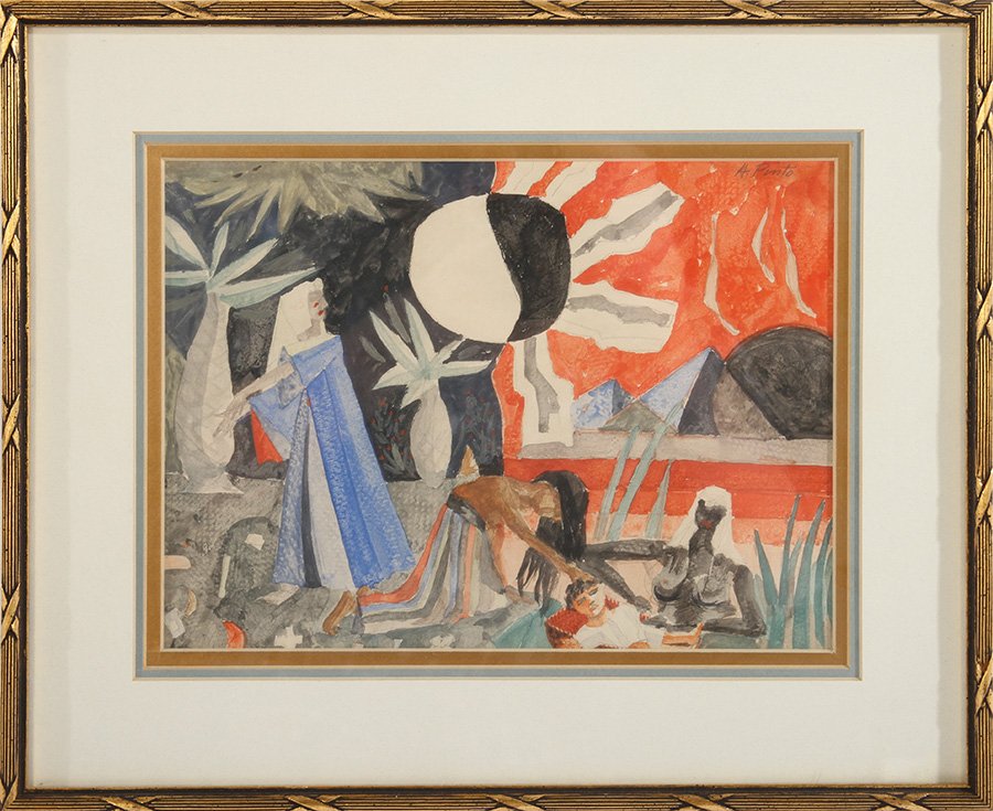 ANGELO PINTO BEACH SCENE SIGNED WATERCOLOR