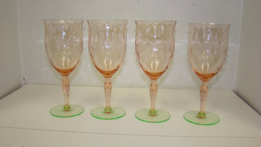 4 Watermelon Pink & Green Depression Glass Stems