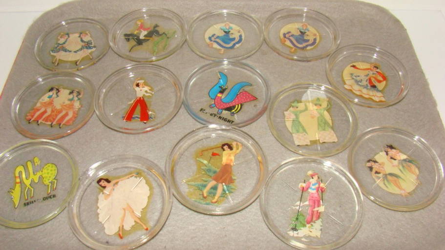 14 Various Vintage Glass Coaster W/decals