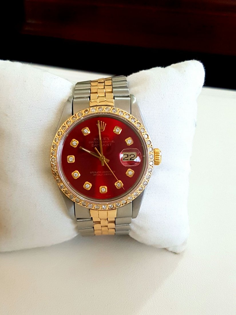 Rolex Red Diamond Dial And Diamond Bezel Watch