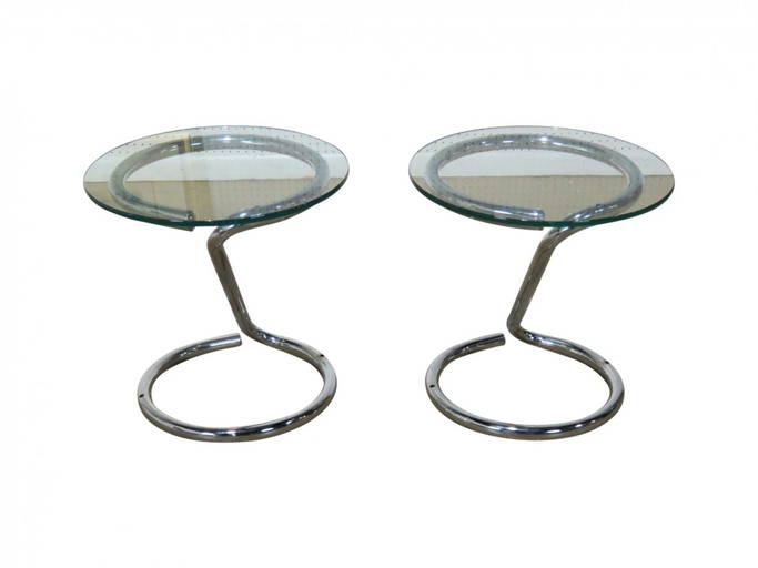 Pair Chrome Frame Glass Top End Tables