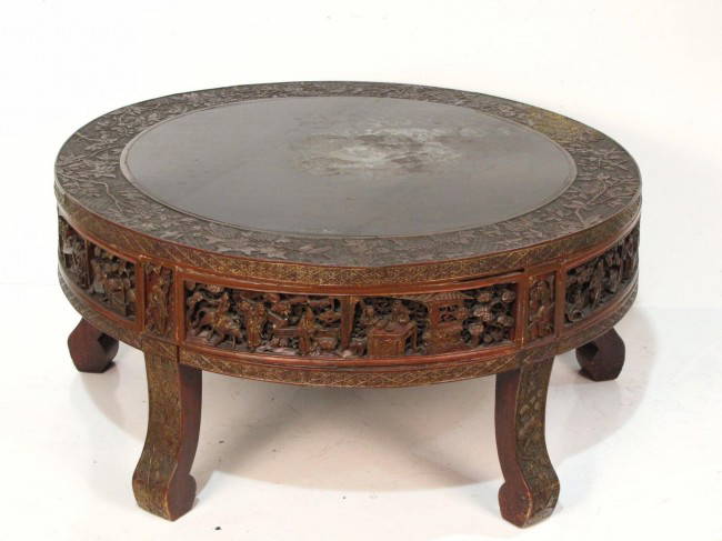 Antique Oriental Carved Round Coffee Table