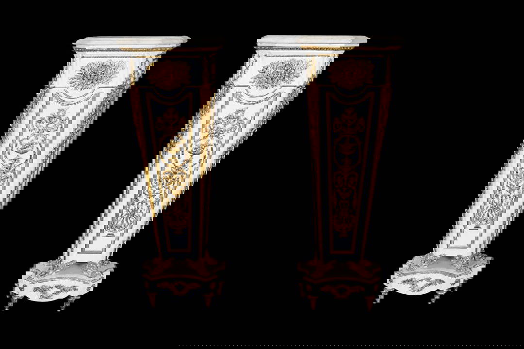 Pair Palace Size White Lacquered Satinwood Dore Bronze Mounted Marble Top Pedestals Auction