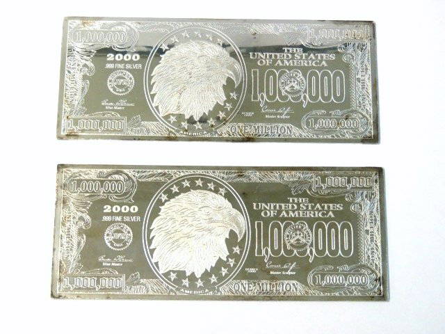 Set Of 2 Solid Silver Million Dollar Bills .999
