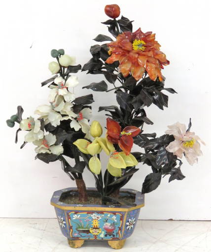 Chinese Jade Topiary W/ Cloisonne Planter