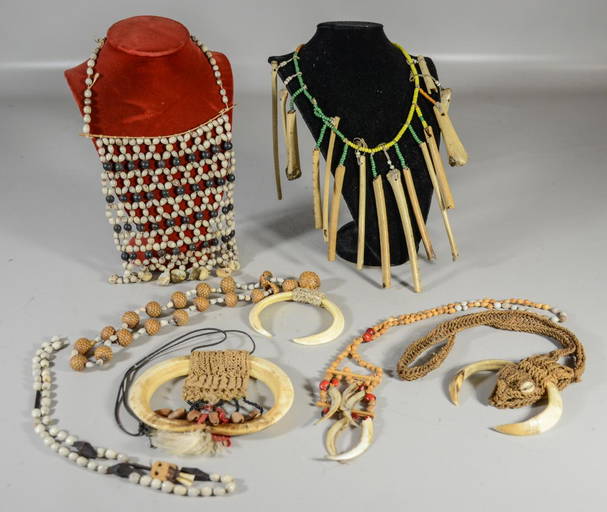 7 Primitive Tribal Necklaces Of Bone, Shells, Teeth