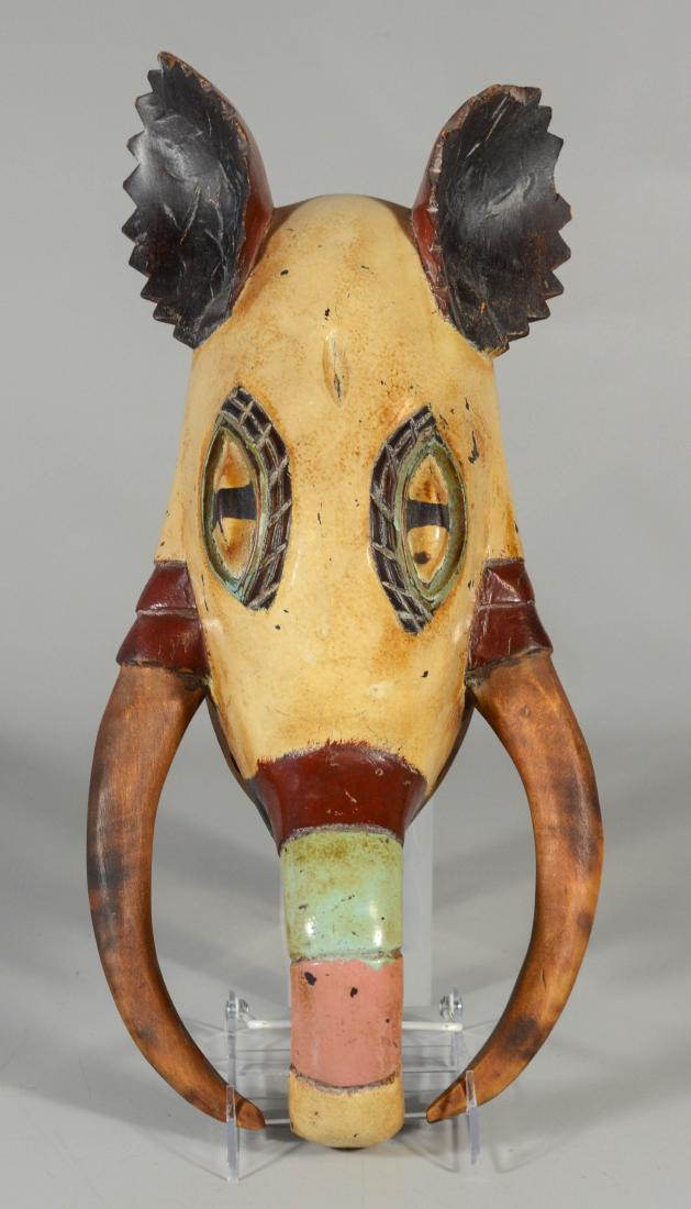 Painted & carved wood aardvark tribal mask, 18" h x 8"