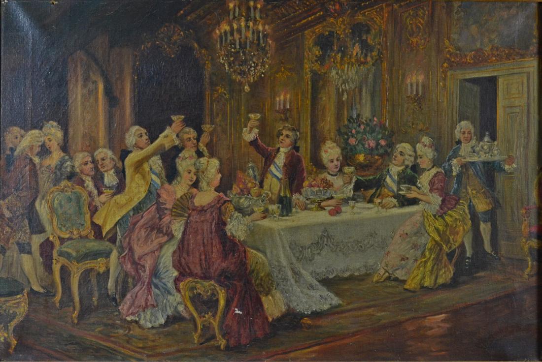 Antique Oil Painting Of A French Dinner Scene