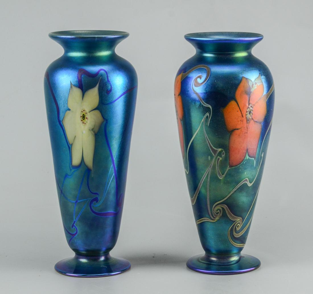 2 Vandermark tall footed blue vases, one with large w