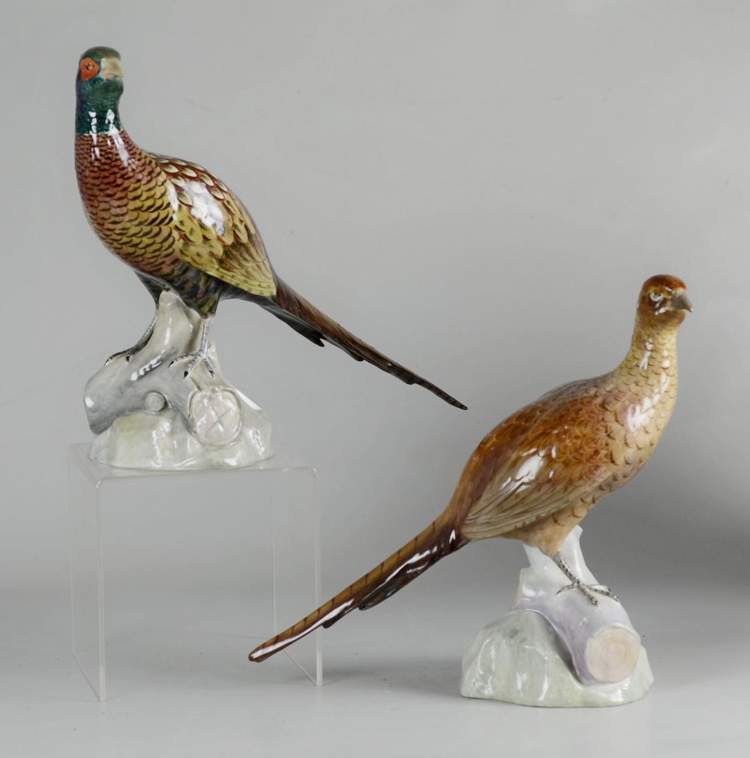Pr Spode Copeland's China pheasant on log figurines,