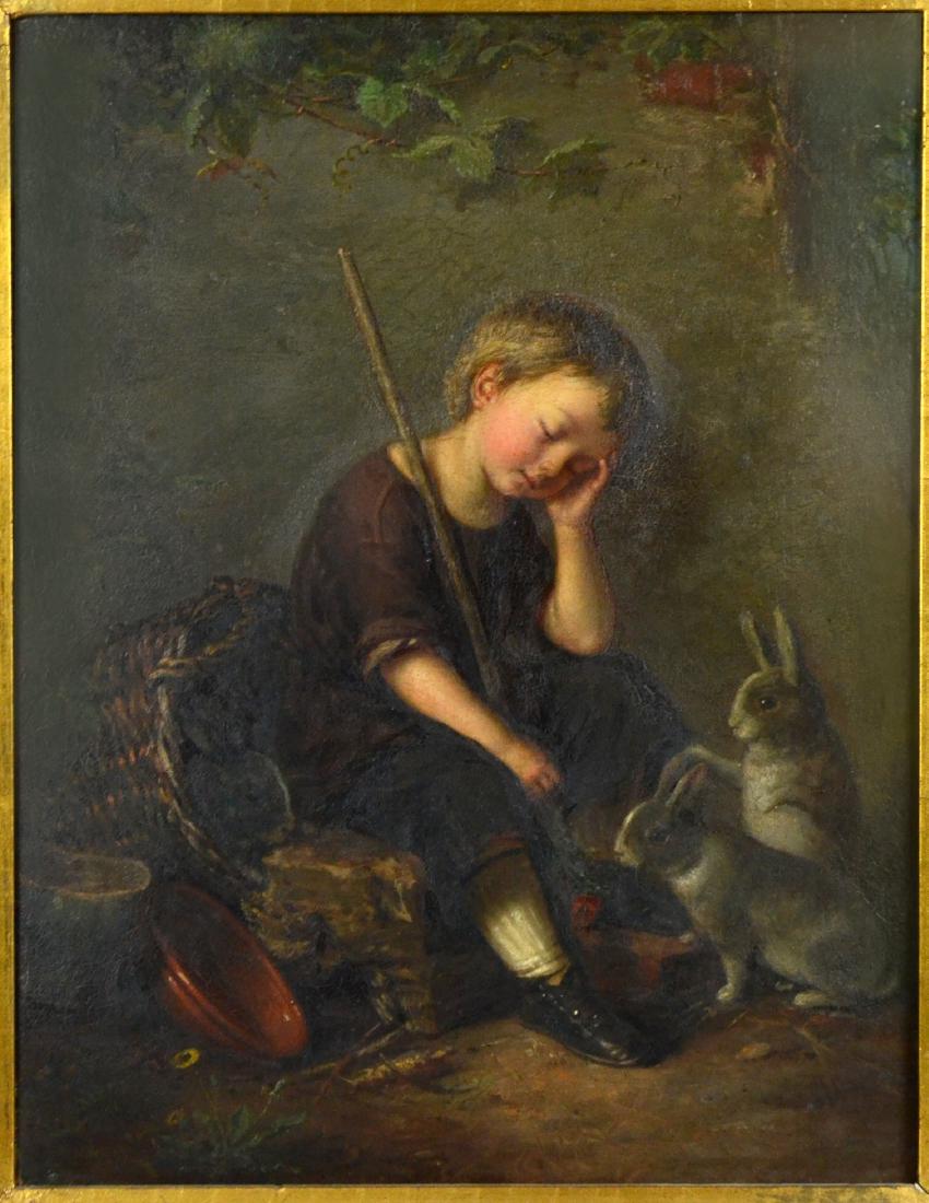 19th C Painting of Boy with Rabbits