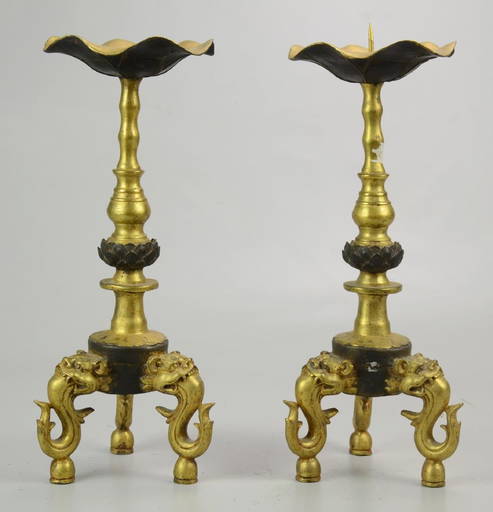 Pr Asian Gilt Brass Candle Spikes