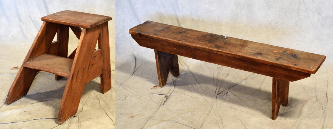 Primitive Pine Step Stool & Bench, 19th C