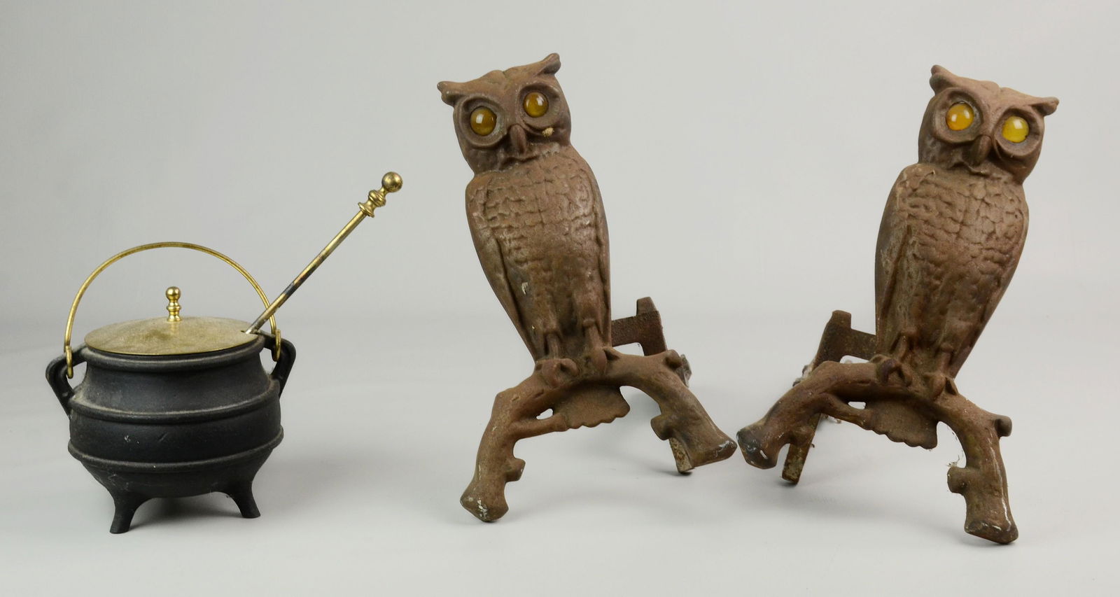 Pr Cast Iron Owl Andirons & Cape Cod Lighter