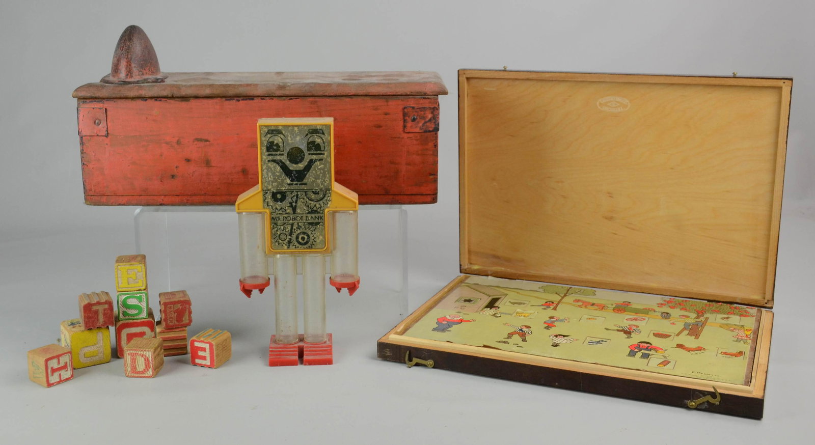 Vintage Board Game, Blocks And Robot Bank